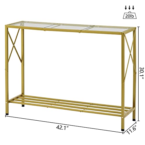 Hoctieon Gold Console Table, Entryway Table, Tempered Glass Sofa Table with Shelves, Metal Frame, Modern Style, Easy to Assemble, Entrance Table for Hallway, Entryway, Living Room, Bedroom