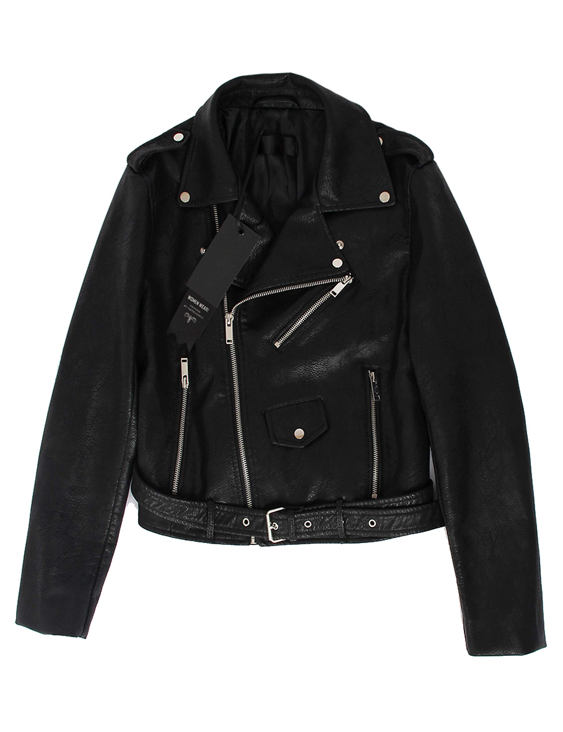 Jhichic Women's Faux Leather Textured Short Moto Jacket Zip-up Slim PU Biker Coat with Pockets (Black, XXL)