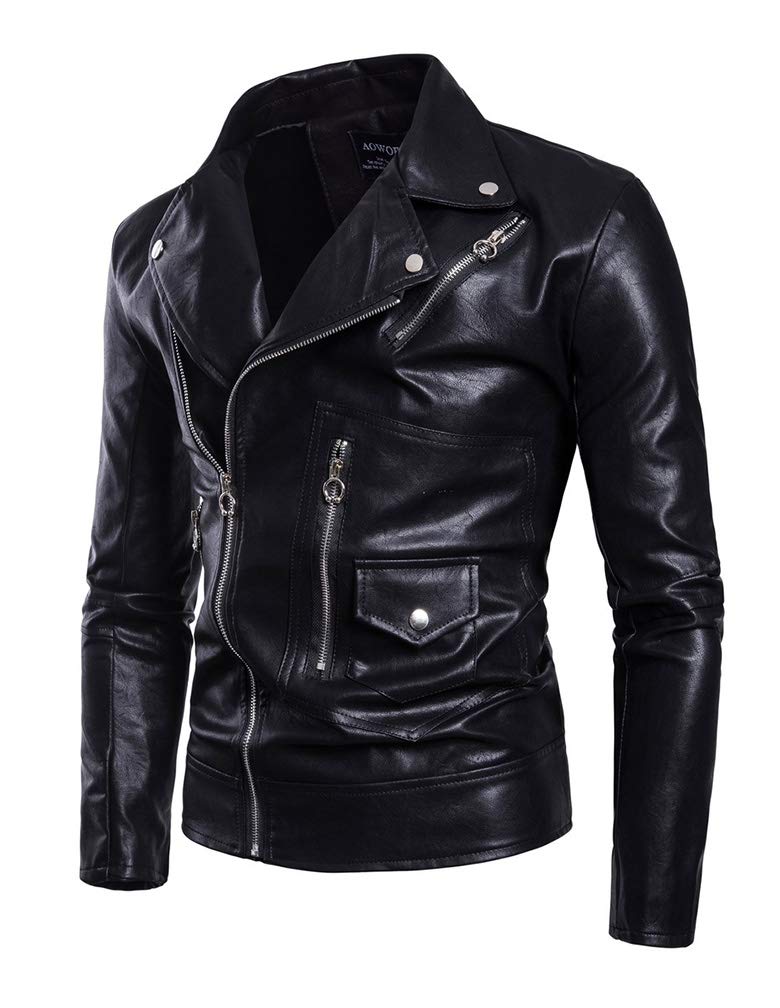 Lavnis Men's PU Leather Jacket Causal Belted Faux Leather Motorcycle Jacket Zipper Biker Coat Style 2 Black 2XL