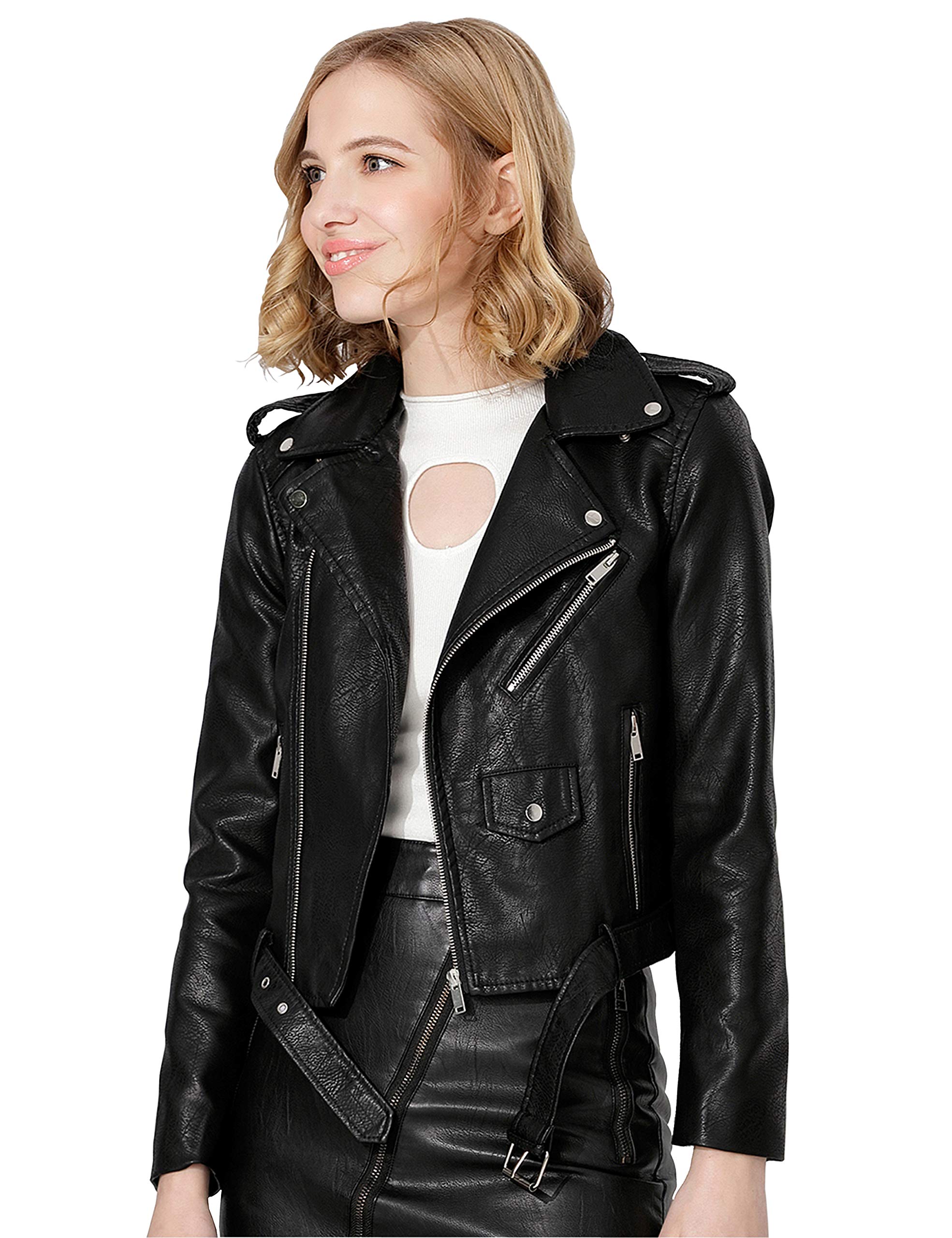 Jhichic Women's Faux Leather Textured Short Moto Jacket Zip-up Slim PU Biker Coat with Pockets (Black, XXL)