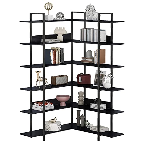 CEMKAR 6-Tier Corner Bookshelf L Shaped Bookcase, Open Large Vintage Industrial Storage and Display Rack with Fall Stopper for Home Office (Black)