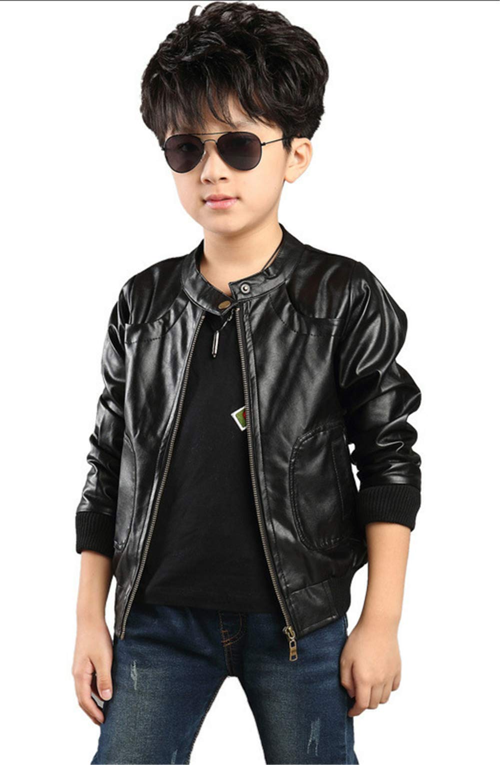 ELUCKFACE Boys Trendy Stand Collar PU Leather Moto Jacket Leather Coat Black 8-9Years
