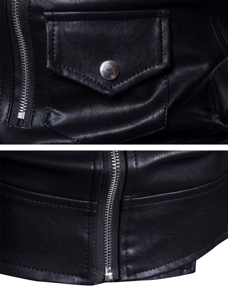 Lavnis Men's PU Leather Jacket Causal Belted Faux Leather Motorcycle Jacket Zipper Biker Coat Style 2 Black 2XL