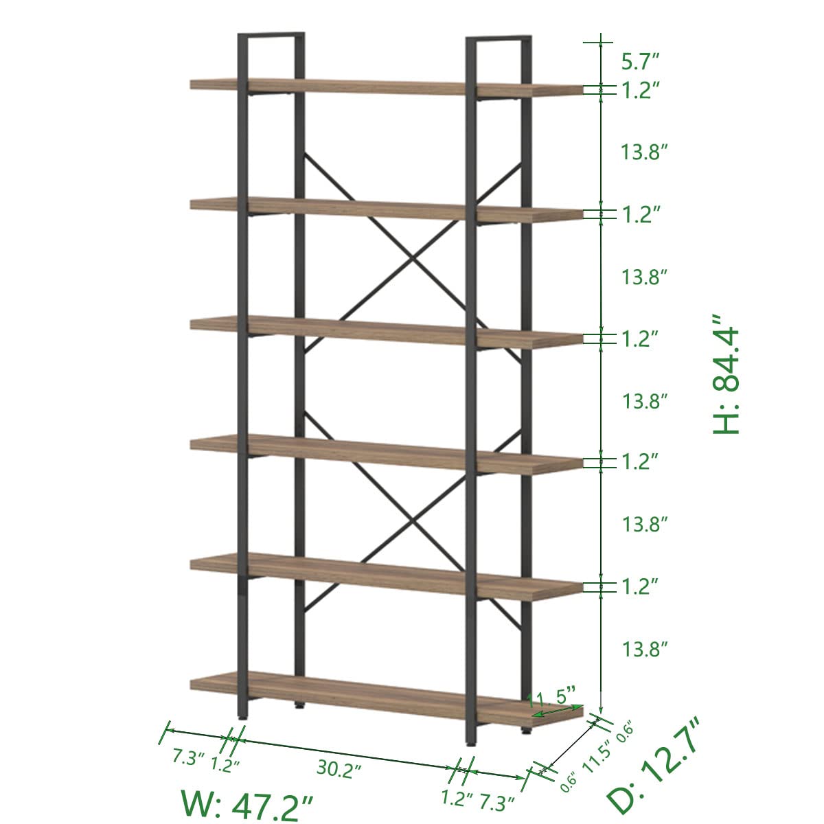 HSH Tall Bookcases and Book Shelves 6 Shelf, Metal Wooden Book Shelf and Storage Rack, Modern Etagere 6 Tier Bookshelf, Farmhouse Large Display Bookshelves for Bedroom Living Room Office, Rustic Oak