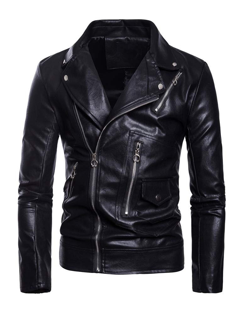 Lavnis Men's PU Leather Jacket Causal Belted Faux Leather Motorcycle Jacket Zipper Biker Coat Style 2 Black 2XL