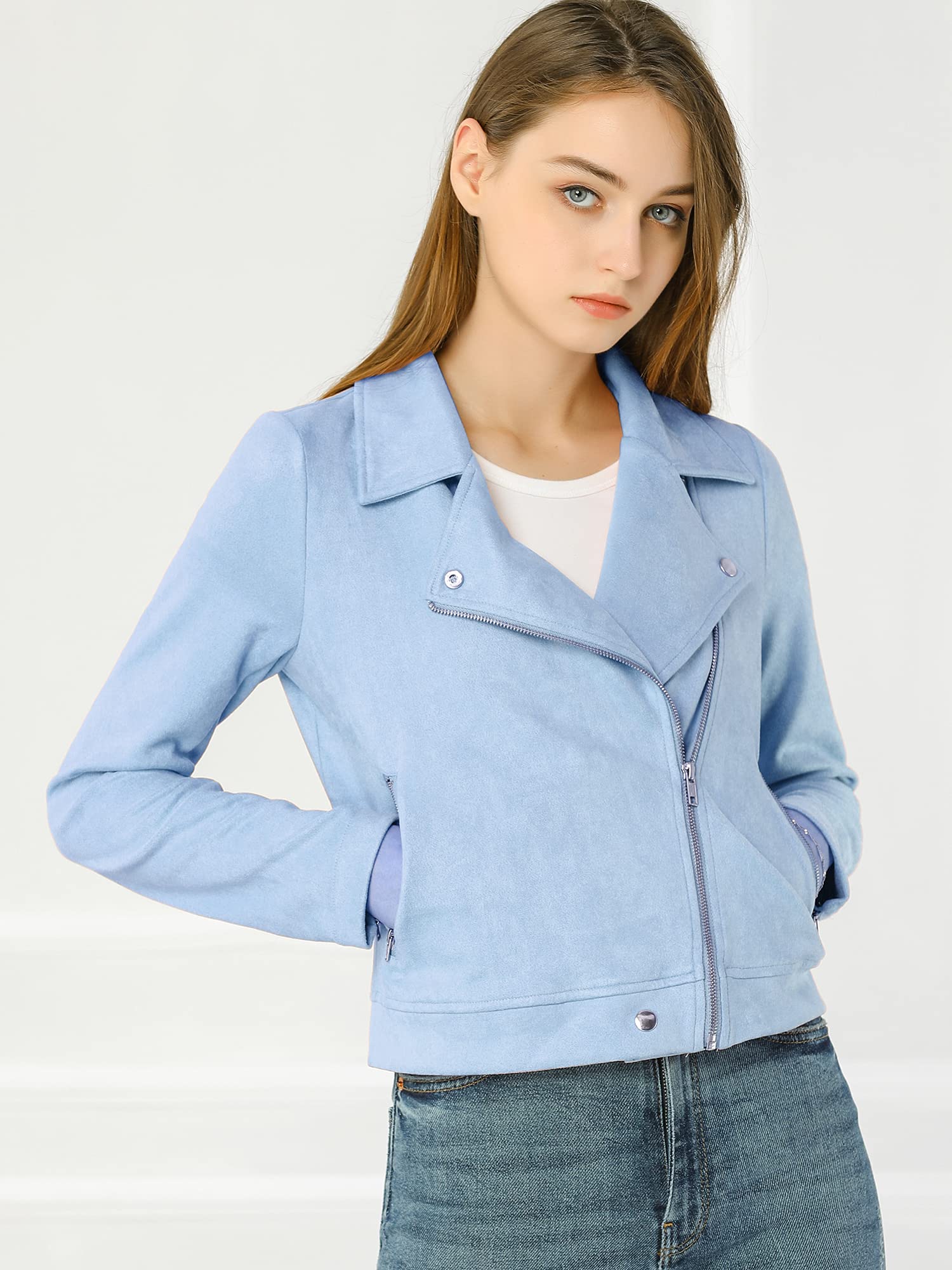 Allegra K Women Short Soft Zip Up Faux Suede Biker Moto Jacket Small Light Blue