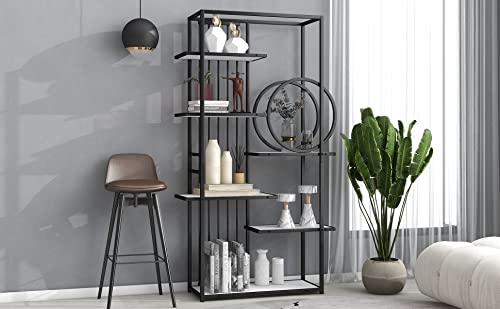 MengK 6-Tier Open Bookshelf with Metal Frame | Large White Bookcase for Home Office Storage