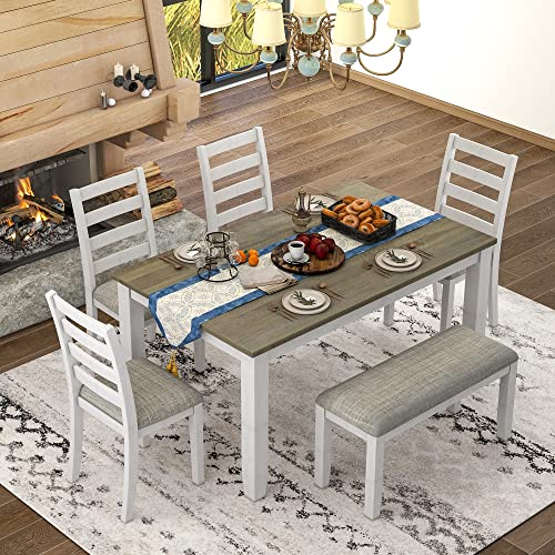 Rustic Style 6-Piece Dining Room Table Set, Wooden Dining Table Set with 4 Upholstered Chairs & a Bench, Kitchen Furniture Set for Family (Brown+Whitewash+6R)