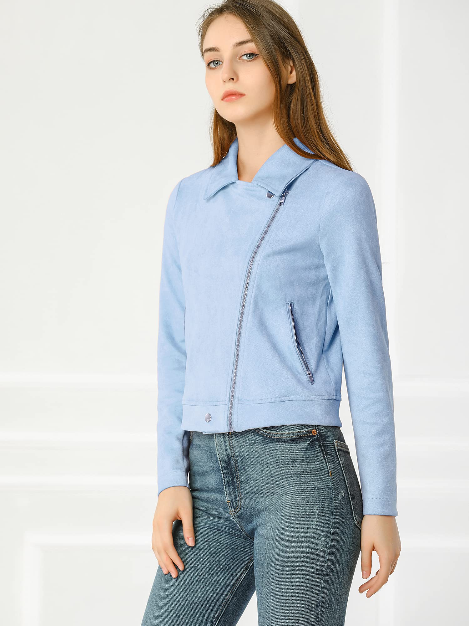 Allegra K Women Short Soft Zip Up Faux Suede Biker Moto Jacket Small Light Blue