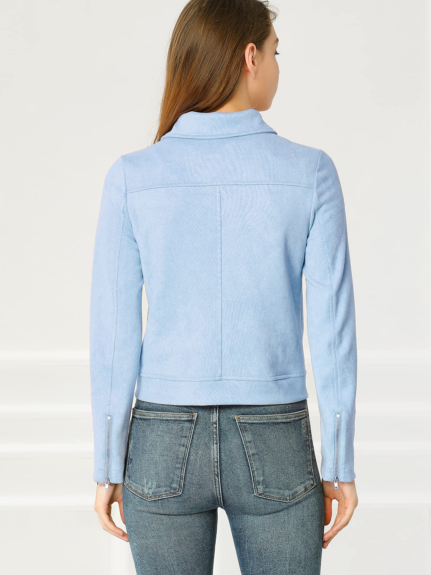 Allegra K Women Short Soft Zip Up Faux Suede Biker Moto Jacket Small Light Blue