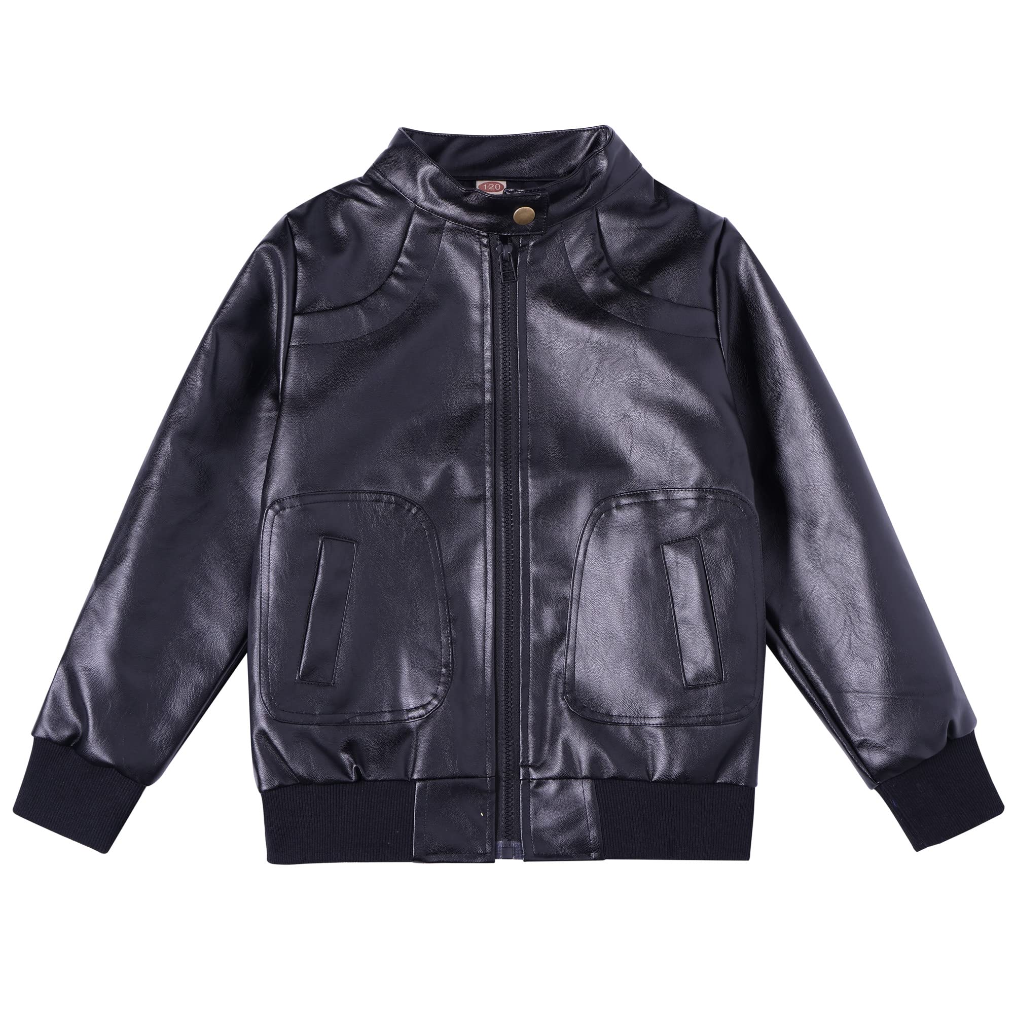 ELUCKFACE Boys Trendy Stand Collar PU Leather Moto Jacket Leather Coat Black 8-9Years