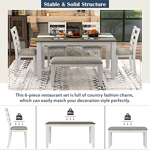Rustic Style 6-Piece Dining Room Table Set, Wooden Dining Table Set with 4 Upholstered Chairs & a Bench, Kitchen Furniture Set for Family (Brown+Whitewash+6R)