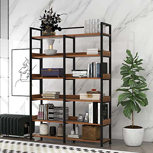 MENGK 70.8 Inch Tall Bookshelf MDF Boards Stainless Steel Frame, 6-Tier Shelves with Back&Side Panel, Adjustable Foot Pads, Brown