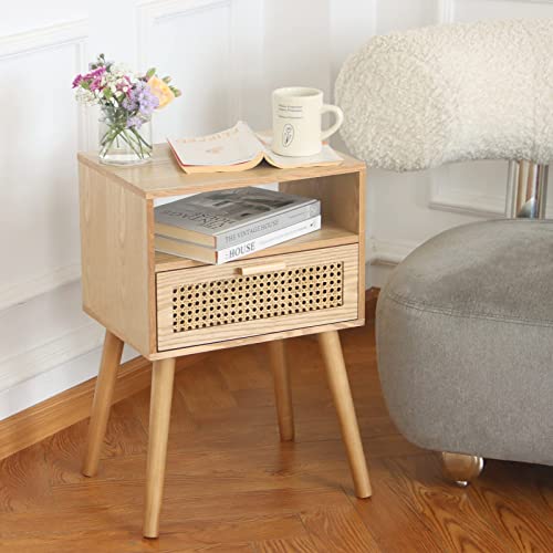 MaxSmeo Modern Nightstand Rattan Side Table with Storage, Farmhouse End Table for Living Room, Bedroom and Small Spaces, Accent Bedside Tables with Solid Wood Legs, Easy Assembly (Natural Walnut)