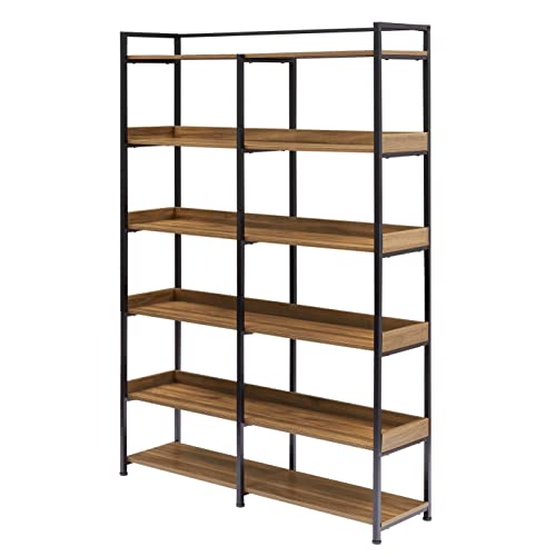 MENGK 70.8 Inch Tall Bookshelf MDF Boards Stainless Steel Frame, 6-Tier Shelves with Back&Side Panel, Adjustable Foot Pads, Brown