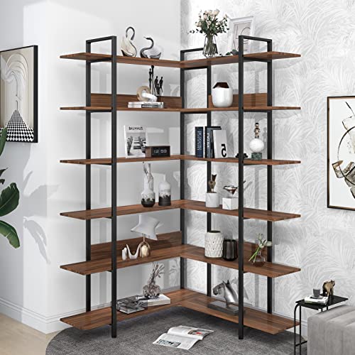 74.8” L-Shape Bookcase Shelf, 6-Tier Industrial Etagere Bookshelf Large Corner Etagere Bookcase with Metal Frame Corner Display Rack Storage Organizer for Living Room Bedroom Home Office, Brown
