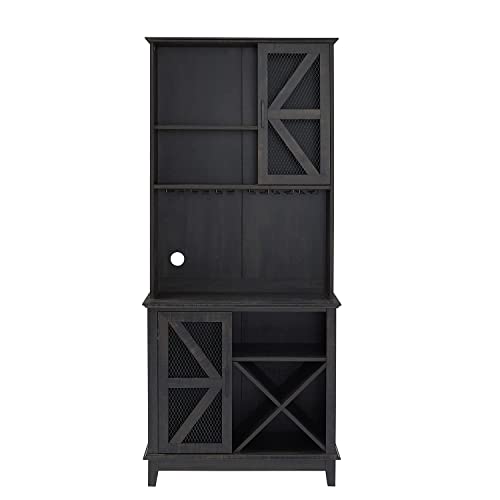 Lounge or Dining Room Stylish and Modern Charcoal Liquor Bar Cabinet with a Mix of Cabinets and Shelves and Wine Rack