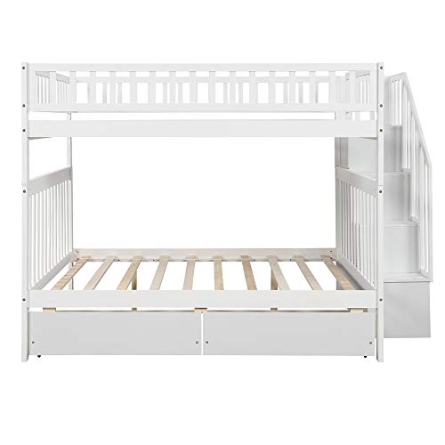Full Over Full Bunk Beds, Solid Wood Full Bunk Beds with Two Drawers, Inner Bookcase and Stairway for Kids and Teenages, White