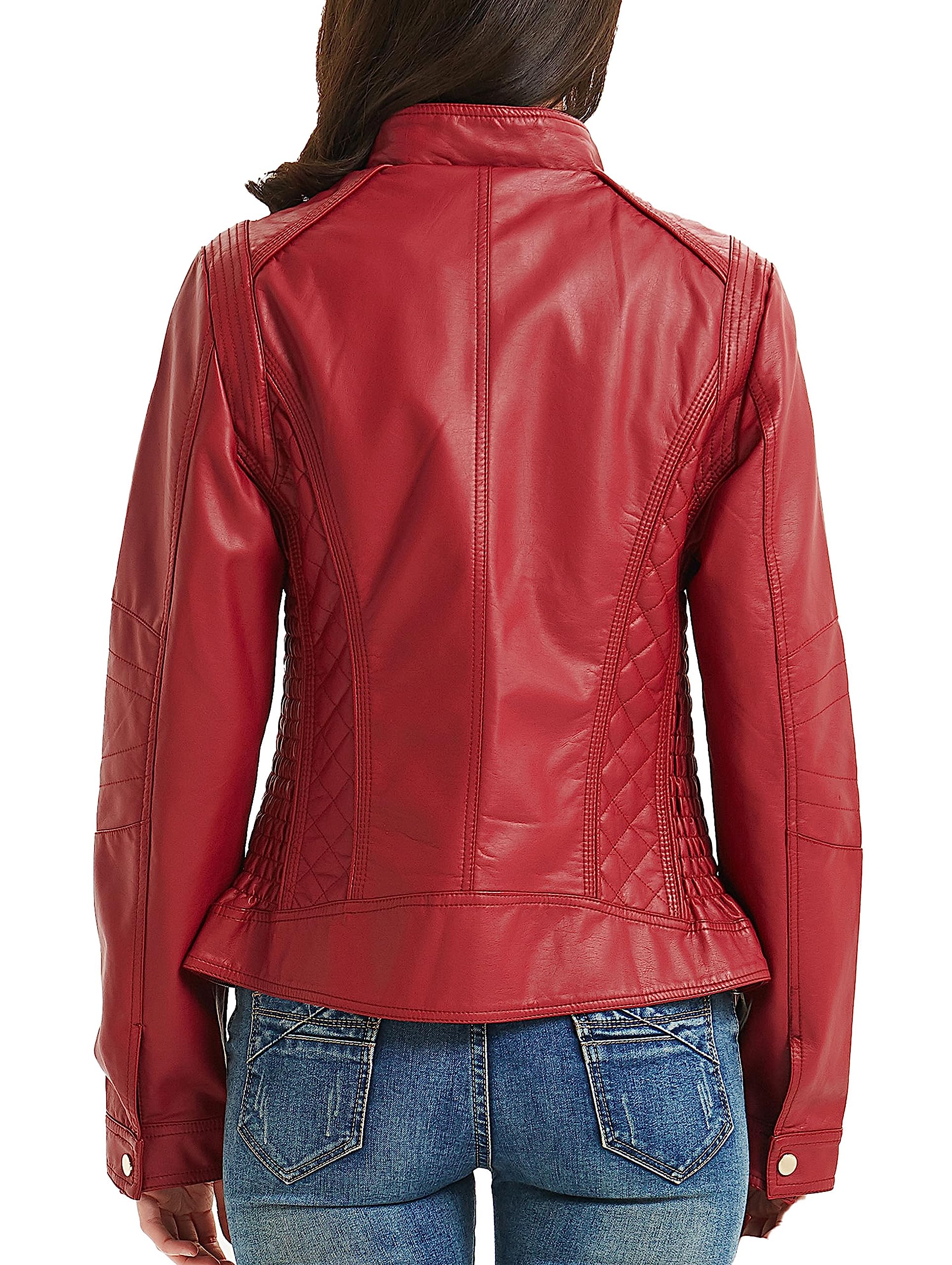Bellivera Womens Faux Leather Jacket Moto Long Sleeves Coat 36 Red XL