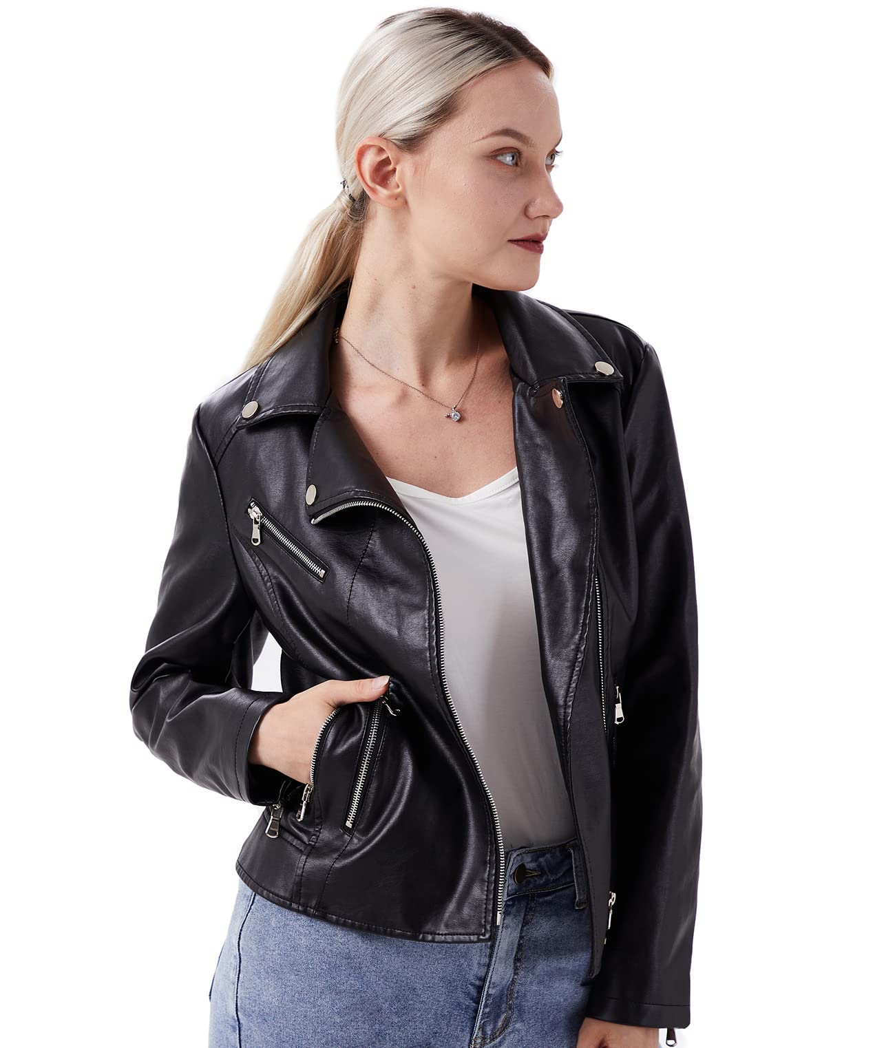 WULFUL Women's Faux Leather Jackets Motorcycle Zipper Biker Short Coat Jacket