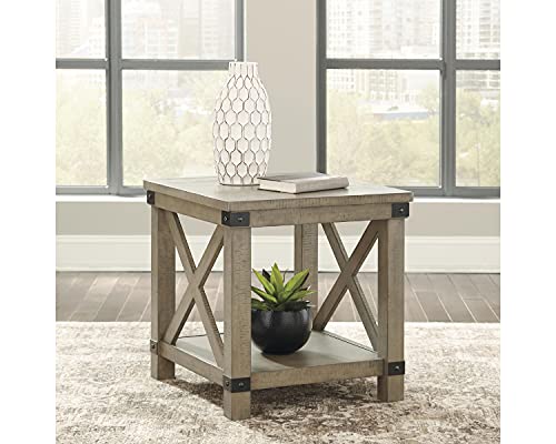 Signature Design by Ashley Aldwin Farmhouse Square End Table with Crossbuk Details, Light Brown
