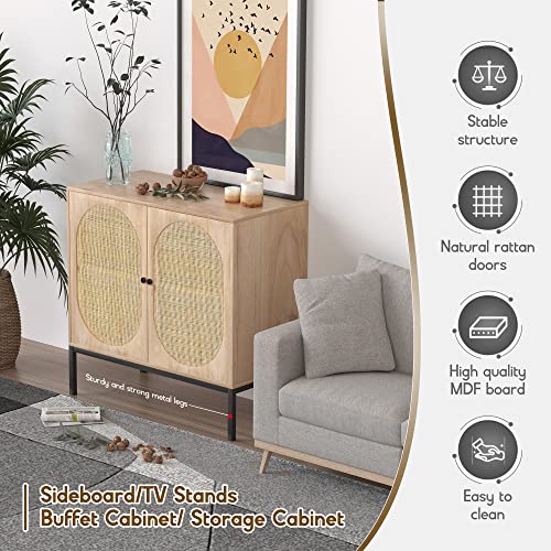 XIAO WEI Sideboard with Handmade Natural Rattan Doors, Rattan Cabinet Console Table Storage Cabinet Buffet Cabinet, for Kitchen, Living Room, Hallway, Entryway, Natural