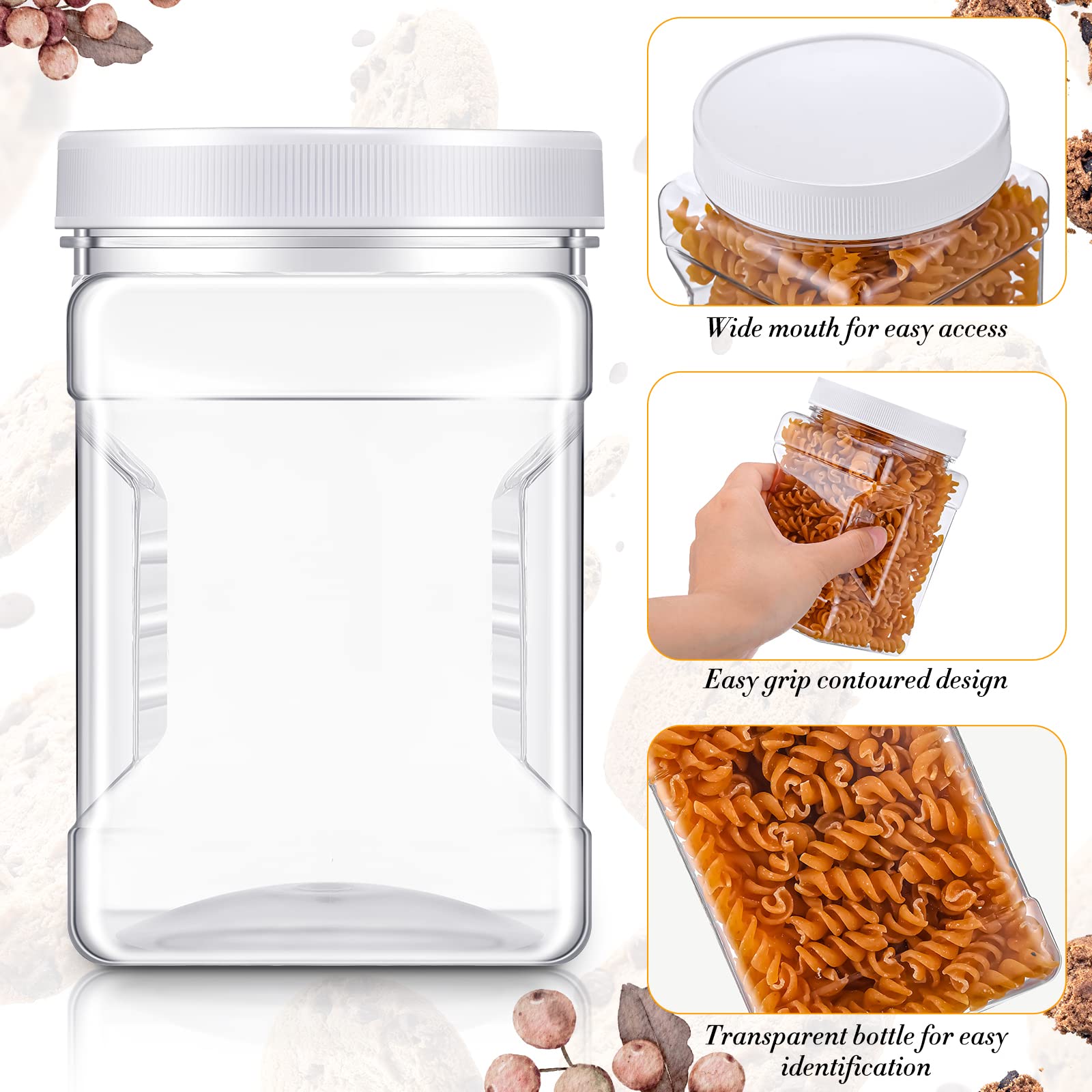 6 Pcs Half Gallon Square Plastic Containers with Lids 60.8 oz Clear Plastic Jars Storage Containers Grip Jars Large Mouth Square Canisters for Food Snack Kitchen