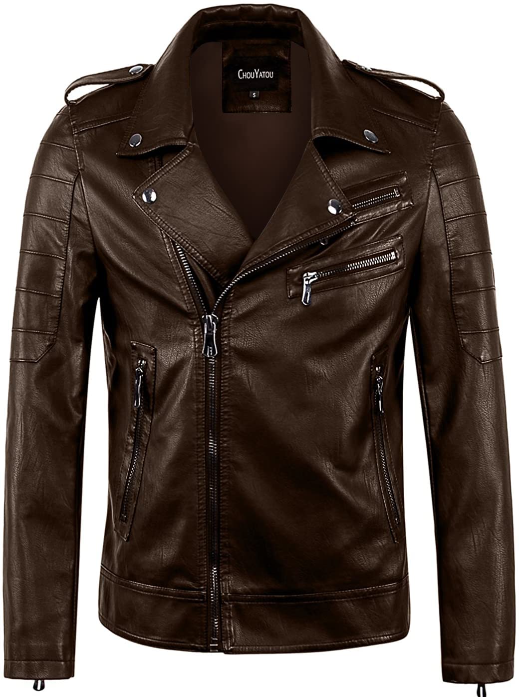 chouyatou Men's Vintage Asymmetric Zip Lightweight Faux Leather Biker Jacket (XX-Large, Coffee)