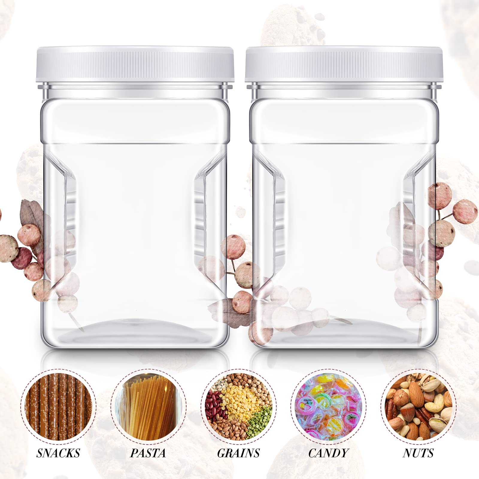 6 Pcs Half Gallon Square Plastic Containers with Lids 60.8 oz Clear Plastic Jars Storage Containers Grip Jars Large Mouth Square Canisters for Food Snack Kitchen