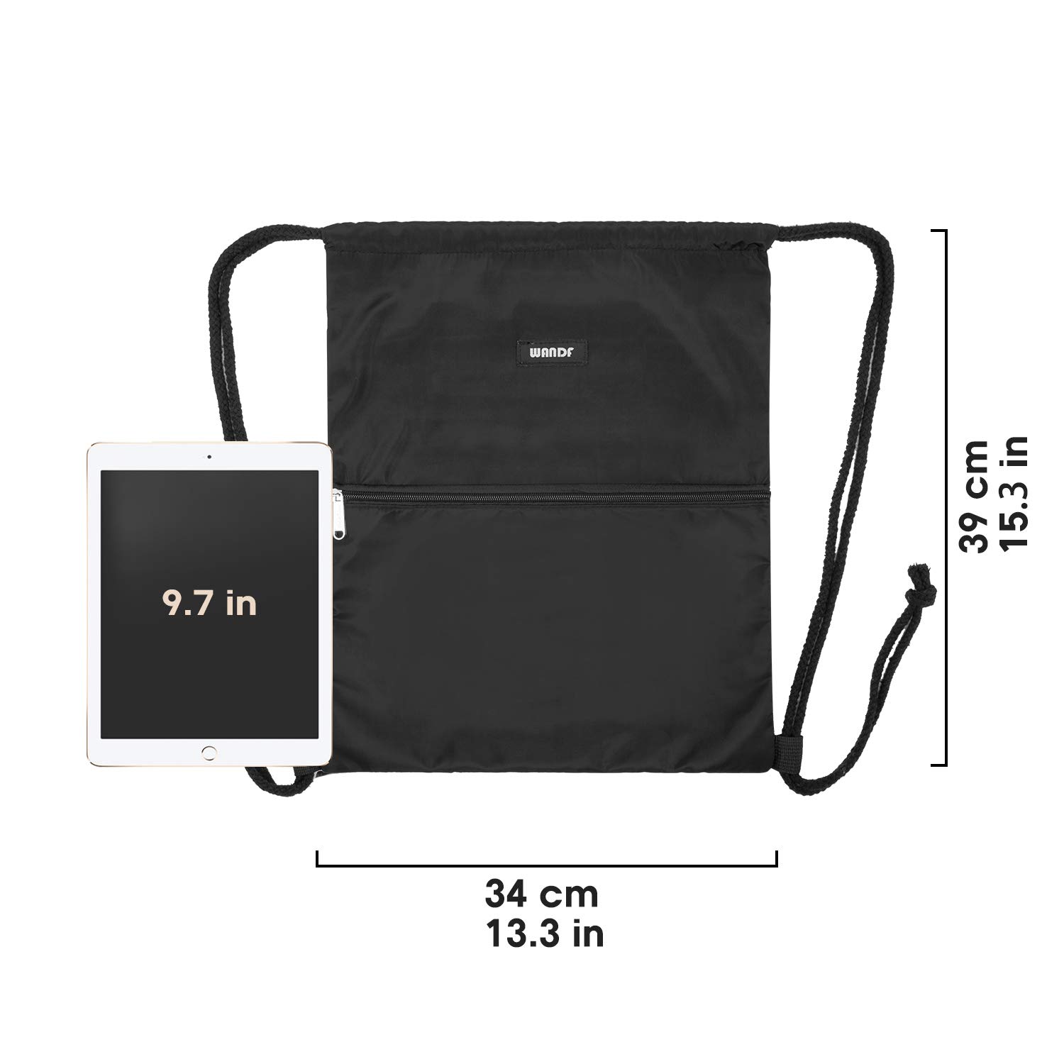 WANDF Drawstring Backpack String Bag Sackpack Cinch Water Resistant Nylon for Gym Shopping Sport Yoga (Black)