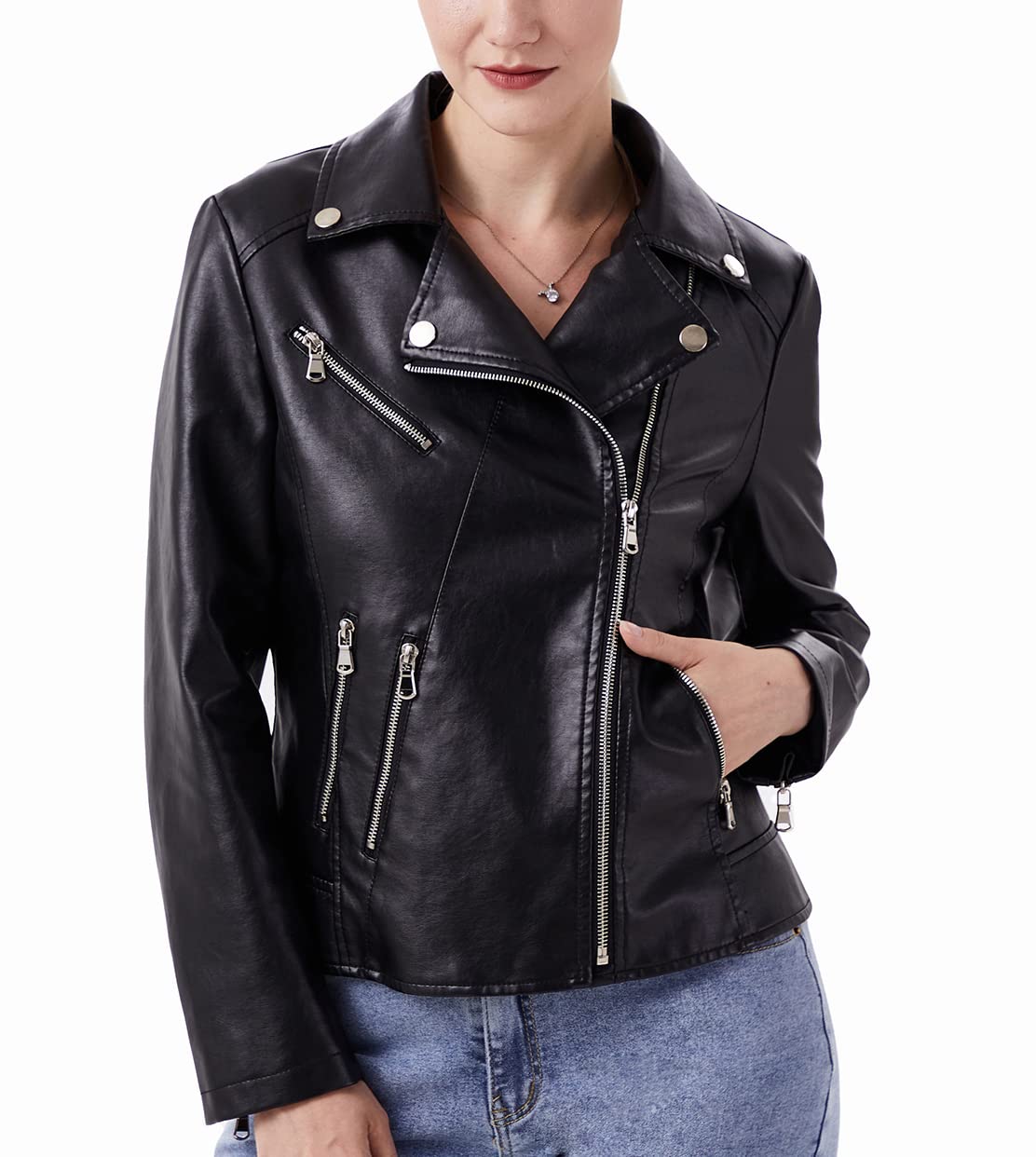 WULFUL Women's Faux Leather Jackets Motorcycle Zipper Biker Short Coat Jacket