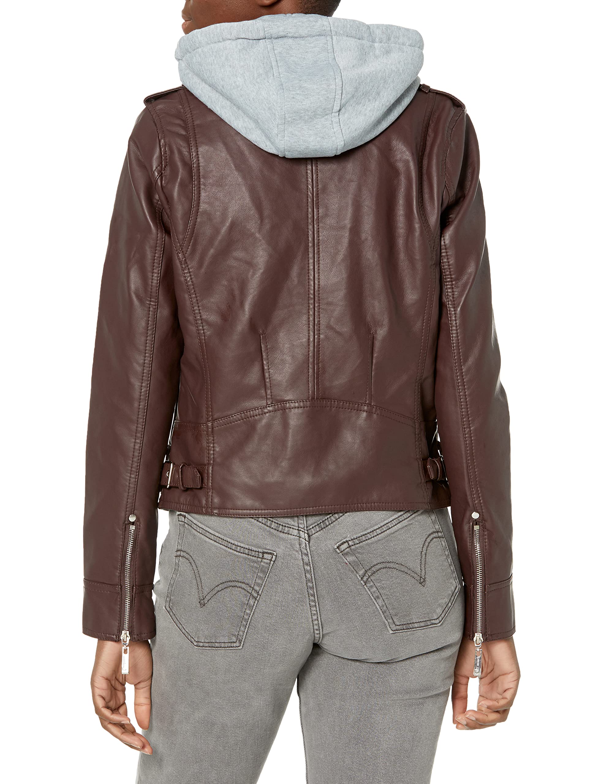 JOUJOU Women's Vegan Leather Jacket with Faux Fur Lining & Removable Fleece Inner Hoodie, Walnut, Small