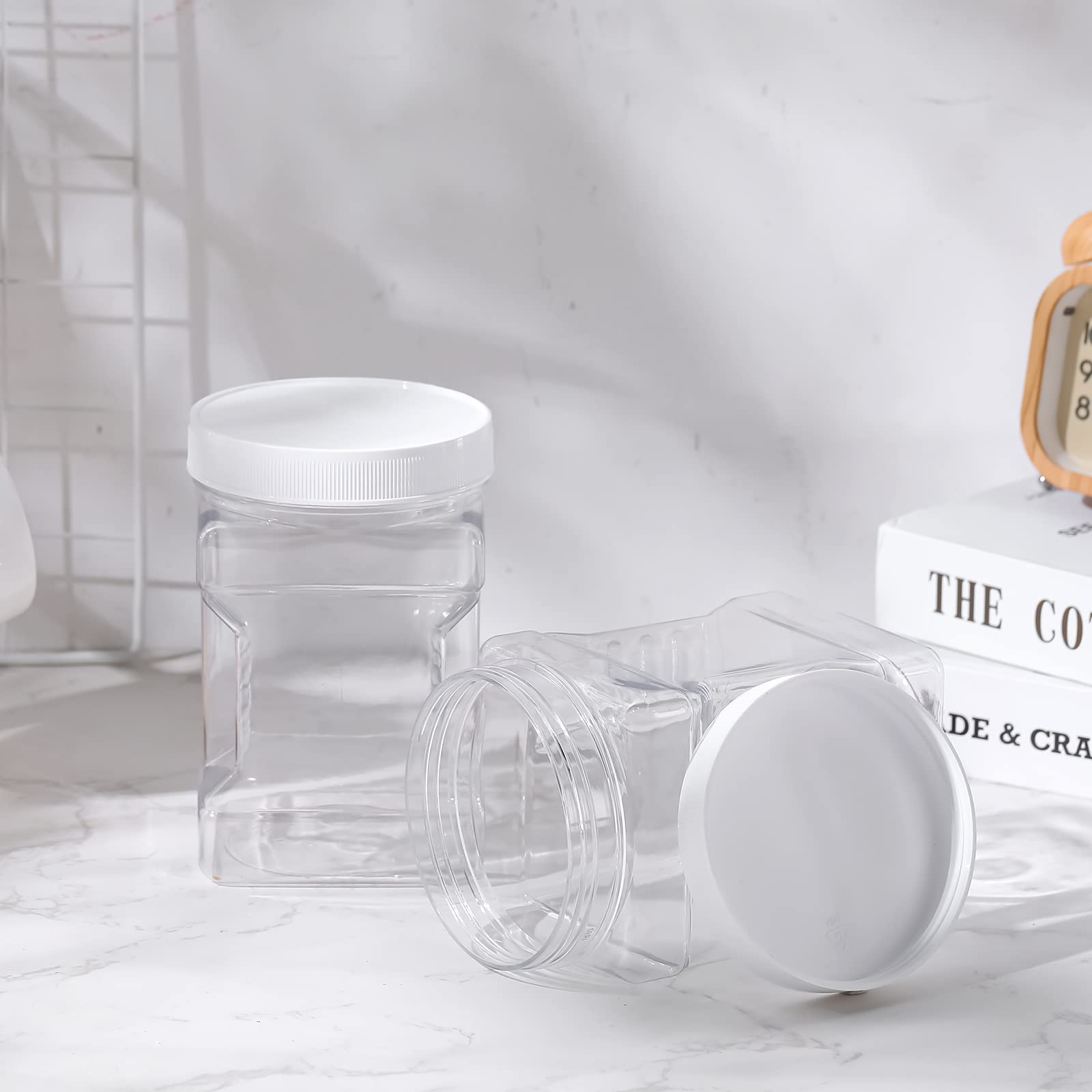 6 Pcs Half Gallon Square Plastic Containers with Lids 60.8 oz Clear Plastic Jars Storage Containers Grip Jars Large Mouth Square Canisters for Food Snack Kitchen