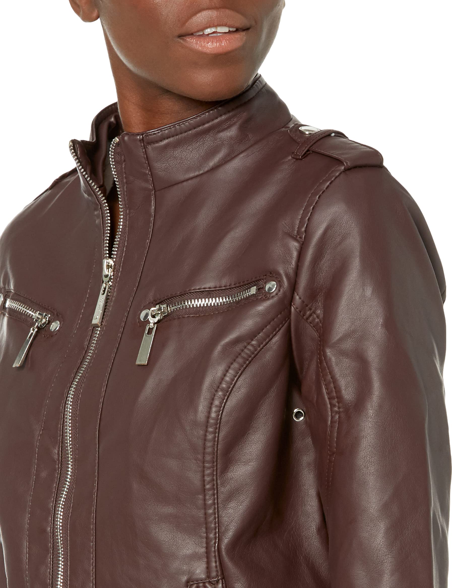 JOUJOU Women's Vegan Leather Jacket with Faux Fur Lining & Removable Fleece Inner Hoodie, Walnut, Small