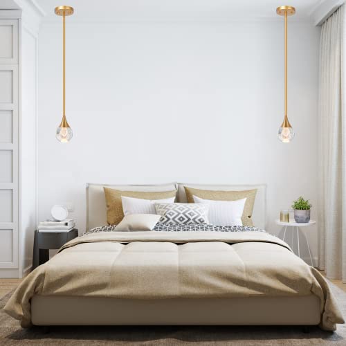 PARTPHONER LED Crytal Pendant Light, 1-Light Gold Hanging Light Fixture with Brushed Brass Finish, Mini Glass Globe Teardrop Pendant Lighting for Kitchen Island Dining Room Bedroom Bar