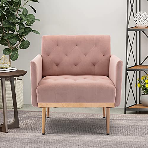SLEERWAY Modern Velvet Single Sofa Chair, Upholstered Accent Living Room Chair, Comfy Armchair with Rose Golden Metal Legs, Tufted Chair for Reading or Lounging (Pink)