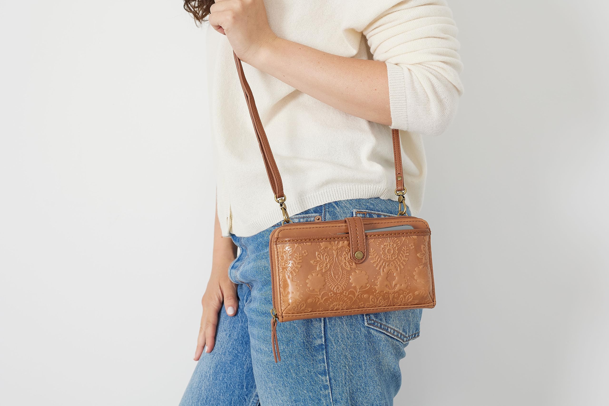 The Sak Iris Smartphone Crossbody Purse - Women's Cellphone Bag & Wallet For Everyday - Convertible Wristlet With Zipper in Black Check/Crochet