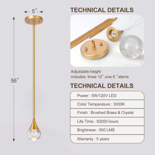 PARTPHONER LED Crytal Pendant Light, 1-Light Gold Hanging Light Fixture with Brushed Brass Finish, Mini Glass Globe Teardrop Pendant Lighting for Kitchen Island Dining Room Bedroom Bar