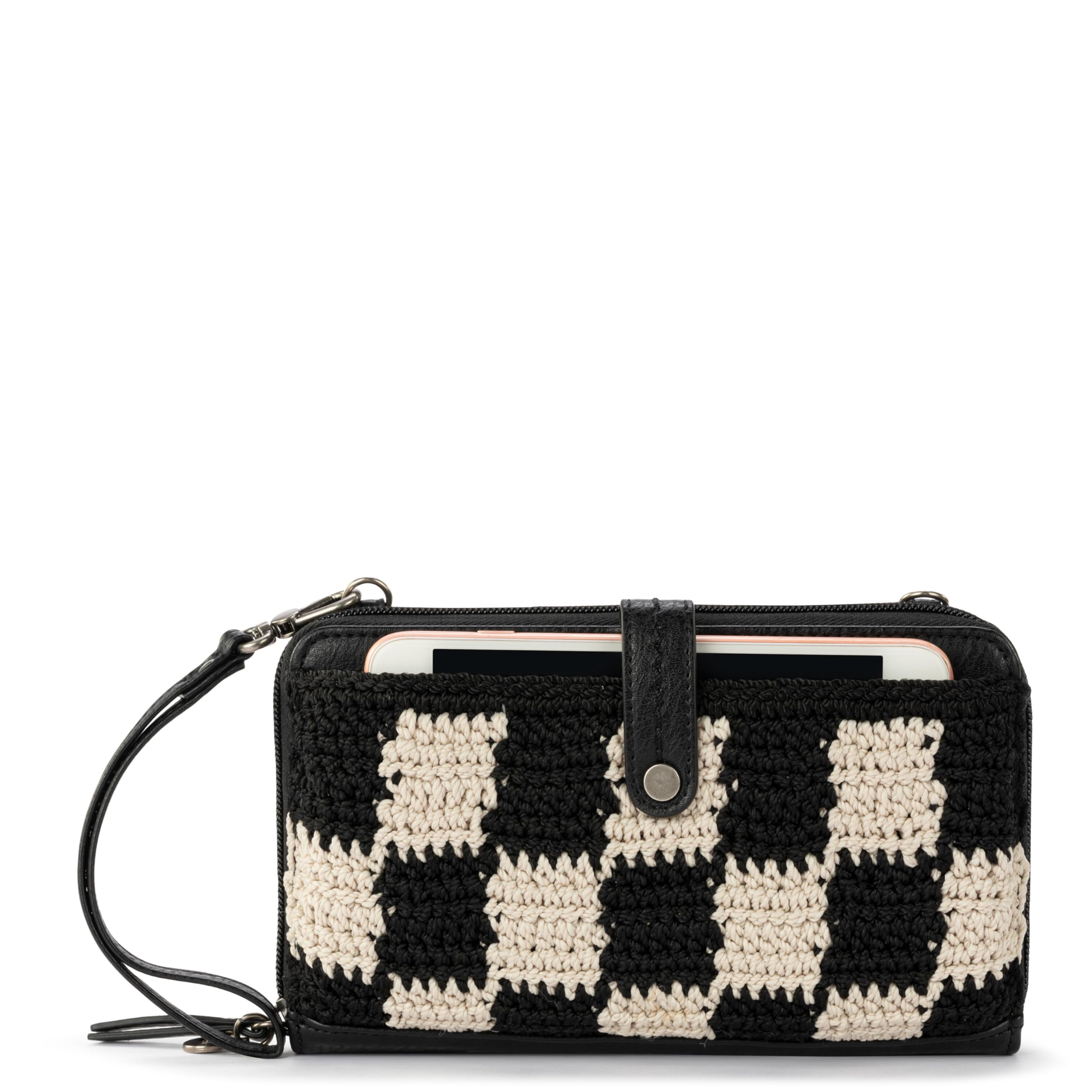The Sak Iris Smartphone Crossbody Purse - Women's Cellphone Bag & Wallet For Everyday - Convertible Wristlet With Zipper in Black Check/Crochet