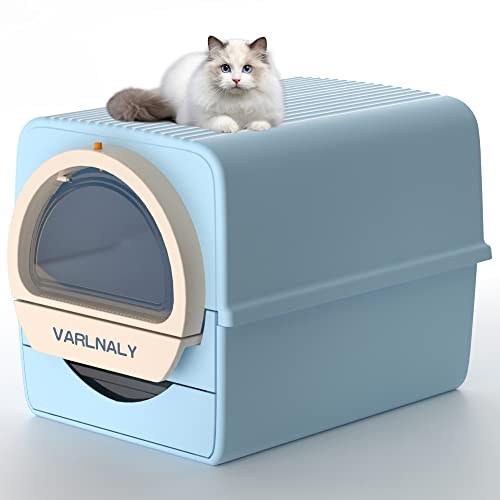 VARLNALY 3.0 Large Self-Cleaning Cat Litter Box, Pull-Out Non-Electric Automatic Cat Litter Box with Lid(24PCS Trash Box), One-Piece Base Prevents Urine&Litter Leakage, Enclosed Isolates Odor (Blue)