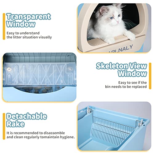 VARLNALY 3.0 Large Self-Cleaning Cat Litter Box, Pull-Out Non-Electric Automatic Cat Litter Box with Lid(24PCS Trash Box), One-Piece Base Prevents Urine&Litter Leakage, Enclosed Isolates Odor (Blue)