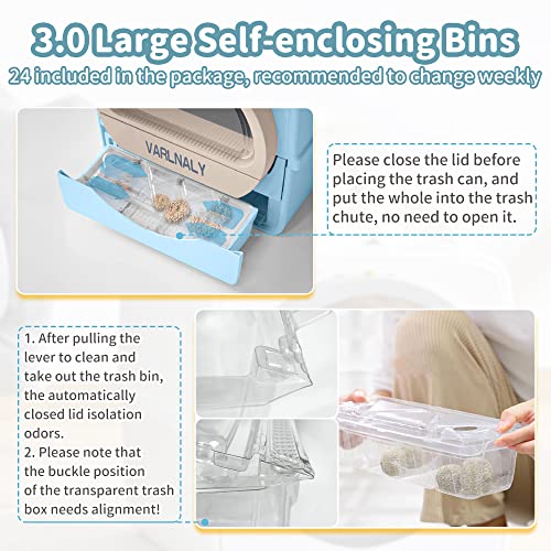 VARLNALY 3.0 Large Self-Cleaning Cat Litter Box, Pull-Out Non-Electric Automatic Cat Litter Box with Lid(24PCS Trash Box), One-Piece Base Prevents Urine&Litter Leakage, Enclosed Isolates Odor (Blue)
