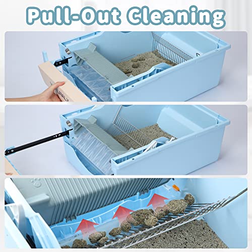 VARLNALY 3.0 Large Self-Cleaning Cat Litter Box, Pull-Out Non-Electric Automatic Cat Litter Box with Lid(24PCS Trash Box), One-Piece Base Prevents Urine&Litter Leakage, Enclosed Isolates Odor (Blue)