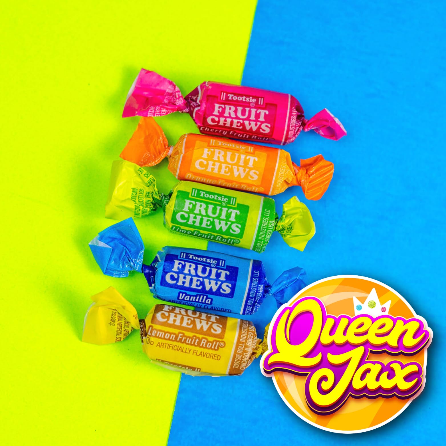 Fruit Chews - 1 Pound Bag - Assorted Candy - Chewy, Fruity and Delicious - Cherry, Lemon, Lime, Orange and Vanilla - QUEEN JAX - Individually Wrapped Candy - Fresh, Mouth Watering and Scrumptious Bulk Candy Bag - Buy In Bulk and Save!