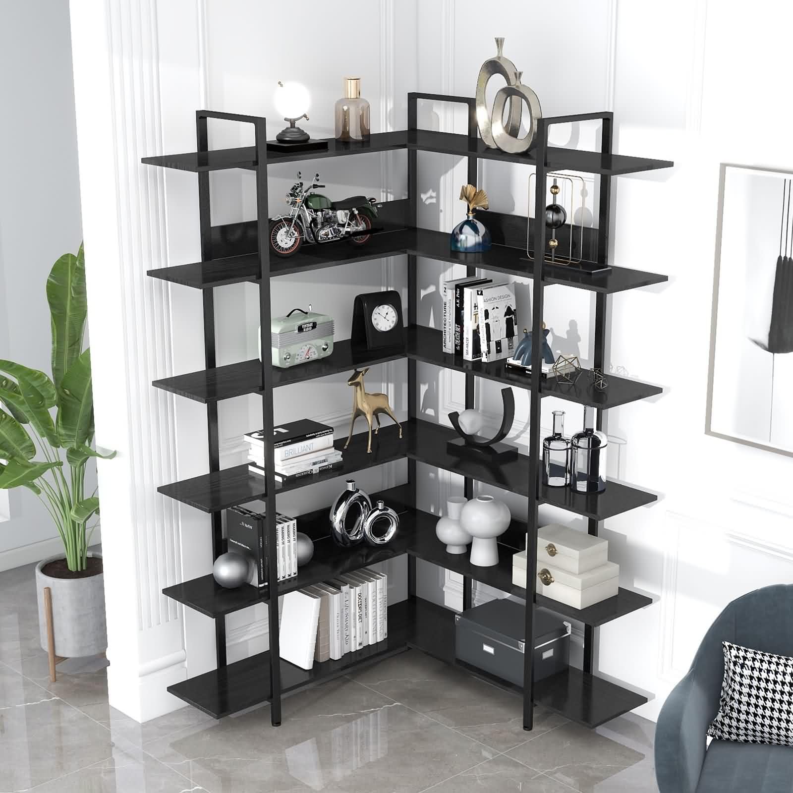Daesar 74.8 Inch Bookshelf L-Shape MDF Boards Stainless Steel Frame Corner 6-Tier Shelves Adjustable Foot Pads, Black