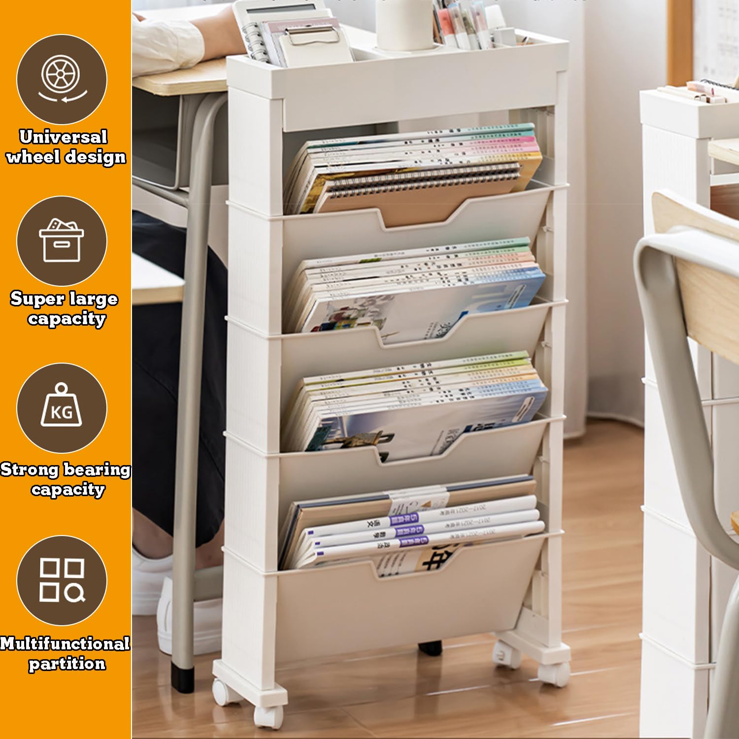 6 Tier Mobile Bookshelf, Moveable Bookshelf Organizer with 360° Universal Wheel Movable Bookshelf Multilayer Capacity for Home, 6 Tier Floor Standing Bookcase Storage Organizer Rack,Pink
