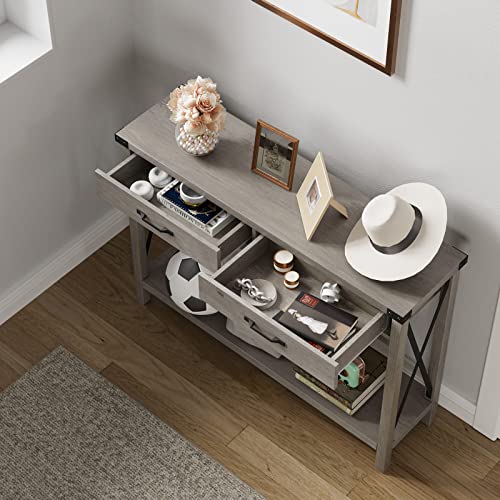 IDEALHOUSE Console Table with 2 Drawers, Farmhouse Entryway Table with Storage Shelf, Accent Wood Sofa Table for Living Room, Hallway, Foyer-Grey