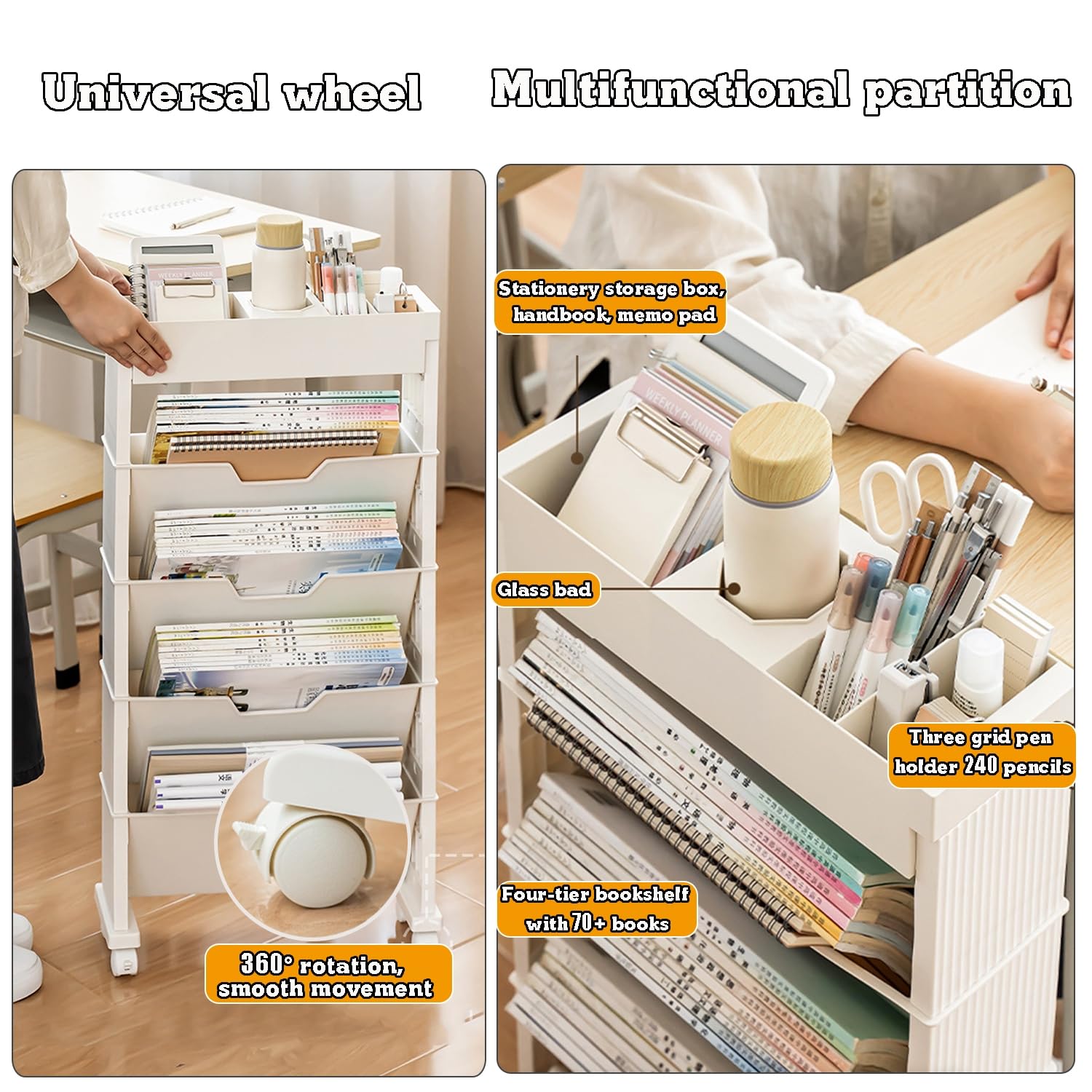 6 Tier Mobile Bookshelf, Moveable Bookshelf Organizer with 360° Universal Wheel Movable Bookshelf Multilayer Capacity for Home, 6 Tier Floor Standing Bookcase Storage Organizer Rack,Pink