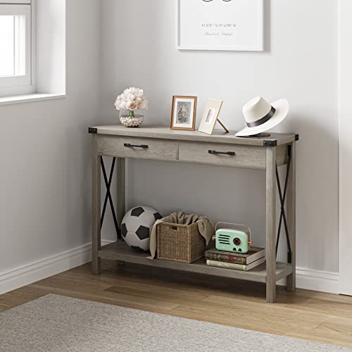 IDEALHOUSE Console Table with 2 Drawers, Farmhouse Entryway Table with Storage Shelf, Accent Wood Sofa Table for Living Room, Hallway, Foyer-Grey