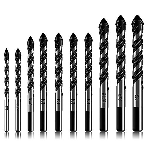10-Piece Masonry Drill Bits Set for Tile Glass Ceramic Brick Wood, 1/8 to 1/2 Inch Drilling Bits with Triangle Handle, YG8 Tungsten Steel Alloy Tip.(Black)